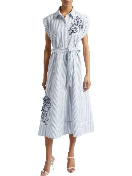 Cinq À Sept Callie Floral Appliqué Stripe Midi Shirtdress - White Multi