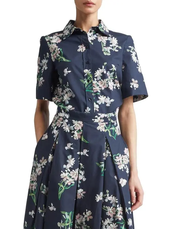Erdem Floral Organic Cotton Poplin Button-up Shirt - Painted Orchid Navy