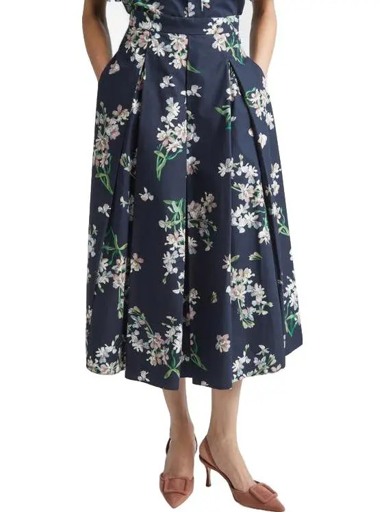 Erdem Floral Pleated Organic Cotton Poplin Midi Skirt - Painted Orchid Navy