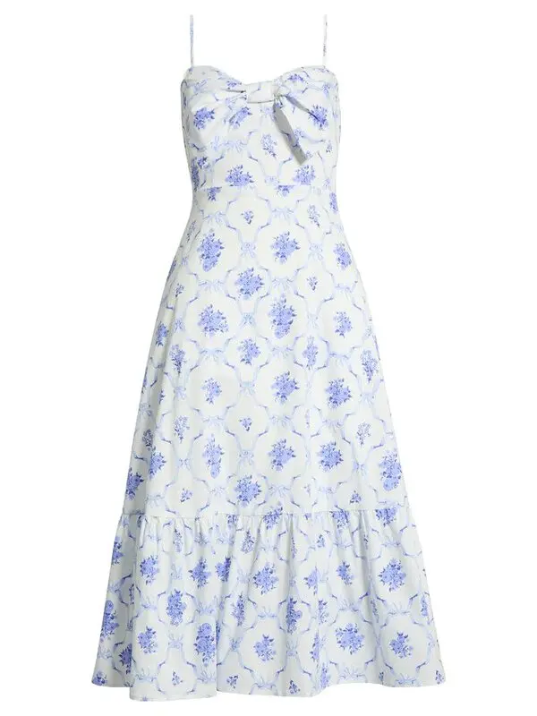 SUGARLIPS Nia Floral Perline Bow Midi Dress - White/blue