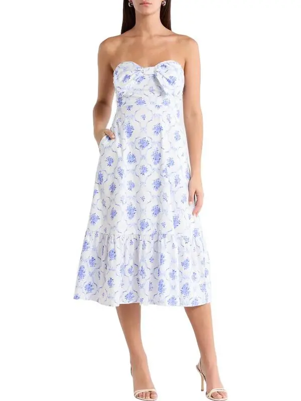 SUGARLIPS Nia Floral Perline Bow Midi Dress - White/blue