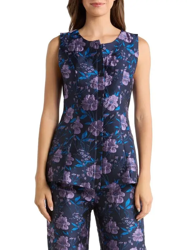SUGARLIPS Nicole Floral Jacquard Zip-front Top - Navy-multi