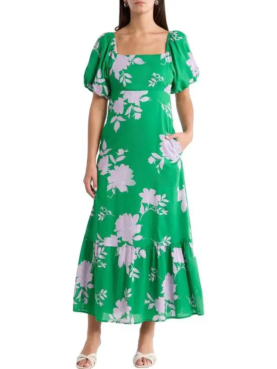 SUGARLIPS Floral Puff Sleeve Midi Dress - Kelly-pink-multi