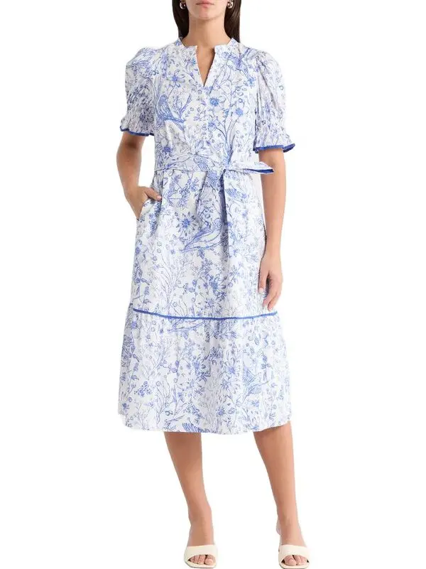 SUGARLIPS Floral Print Midi Dress With Puff Sleeves And Tie Waist - White/blue