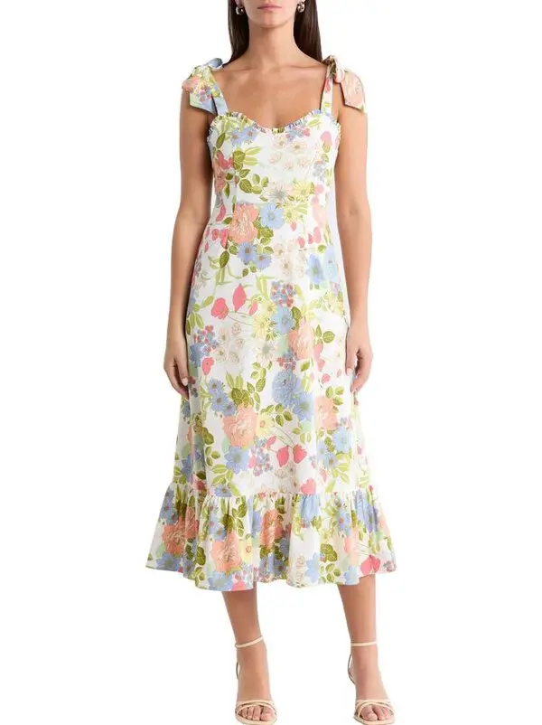 SUGARLIPS Floral Tie Strap Midi Sundress - Cream