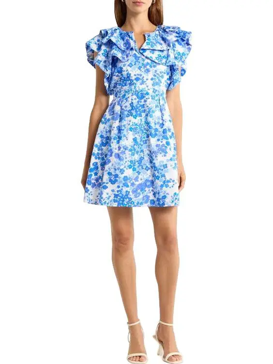 SUGARLIPS Carli Ruffle Sleeve Minidress With Floral Print - White-blues-multi