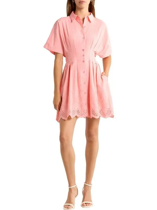 SUGARLIPS Sammie Pleated Eyelet Cotton Shirtdress - Blush