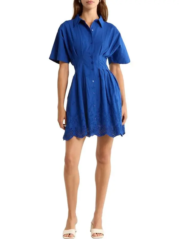 SUGARLIPS Sammie Pleated Eyelet Cotton Shirtdress - Navy