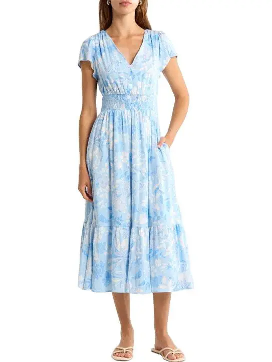SUGARLIPS Seraphina Floral Print Ruffle Hem Maxi Dress - Blue/white Multi