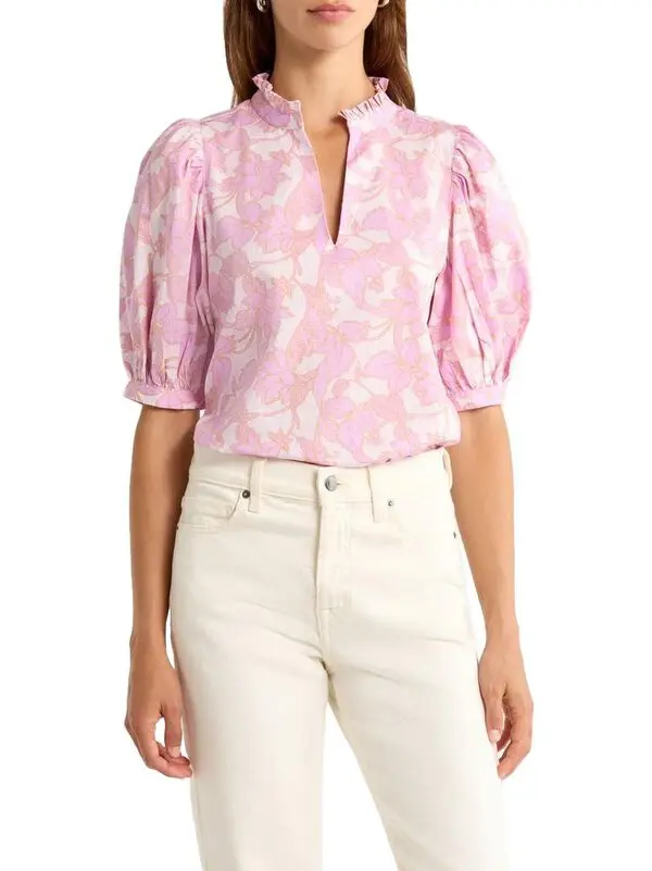 SUGARLIPS Puff Sleeve Frilled Neck Top - Pink-cream