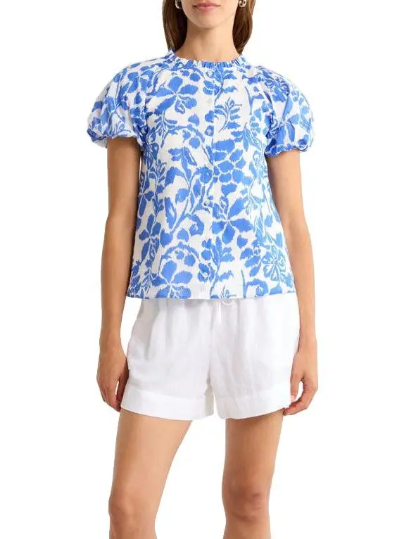 SUGARLIPS Shia Floral Puff Sleeve Button-up Shirt - Whte Blue