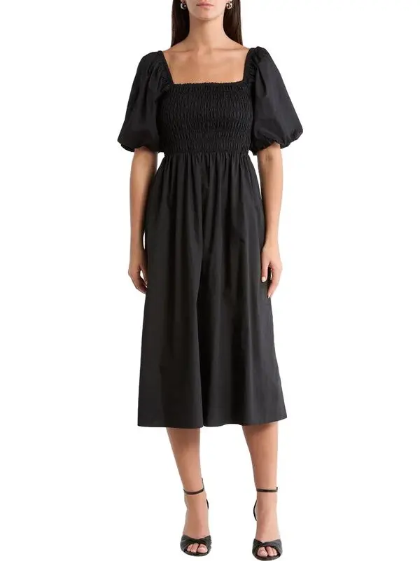 SUGARLIPS Sonia Bubble Sleeve Smocked Midi Dress - Black