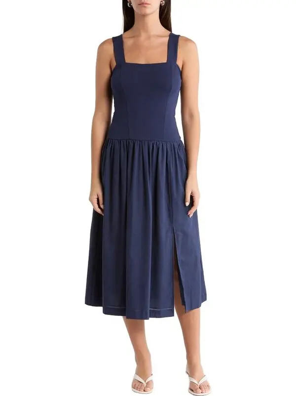 SUGARLIPS Raziela Mixed Media Midi Dress With Square Neckline And Wide Straps - Navy