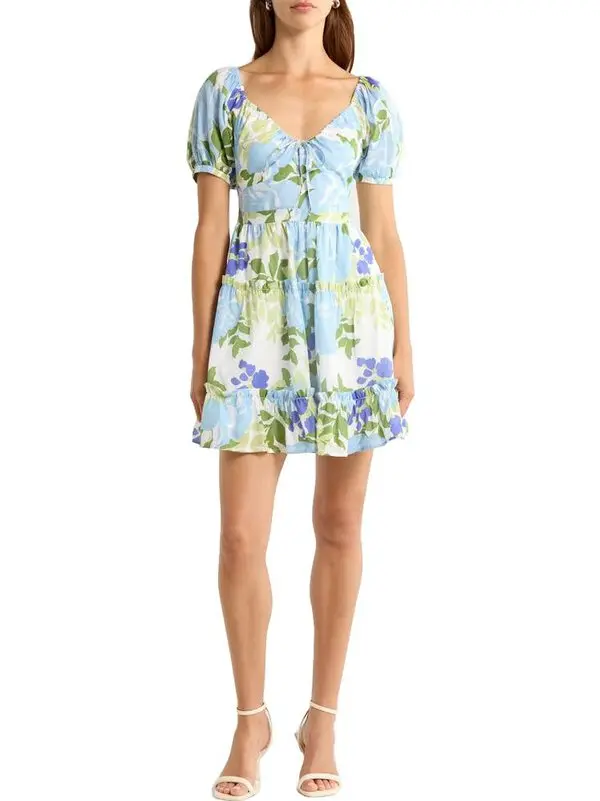 SUGARLIPS Muna Tiered Floral Cotton Dress - Blue White Multi