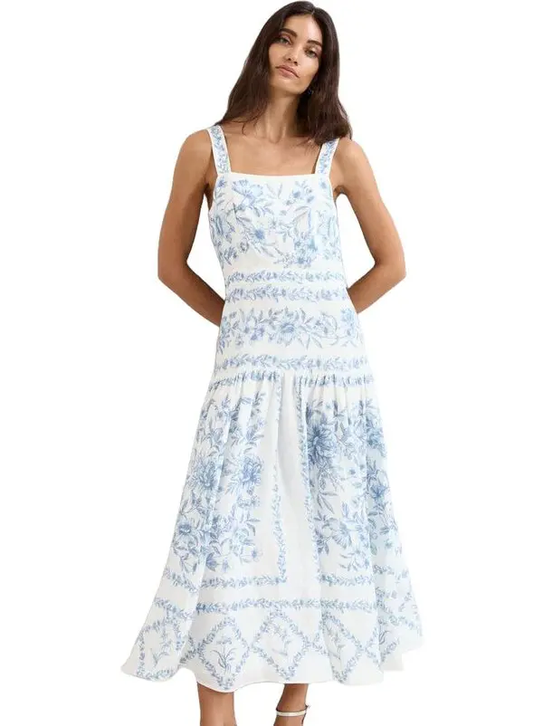 PHASE EIGHT Floral Print Linen Blend Midi Dress - Pale Blue