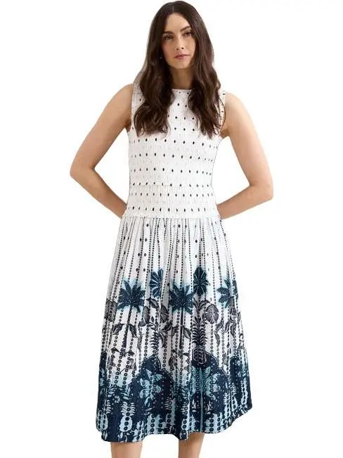 PHASE EIGHT Chiara Dress With Smocked Bodice And Printed Skirt - White