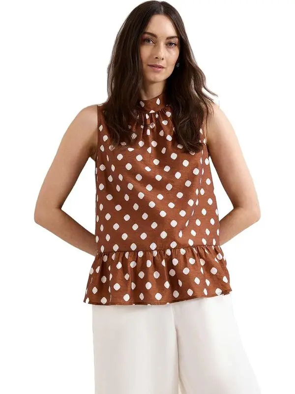 PHASE EIGHT Indie Polka Dot Ruffle Hem Blouse - Brown