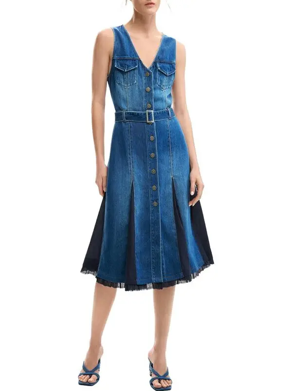 Desigual Sleeveless Denim Dress With Pleated Skirt And Lacy Trim - Medium Blue