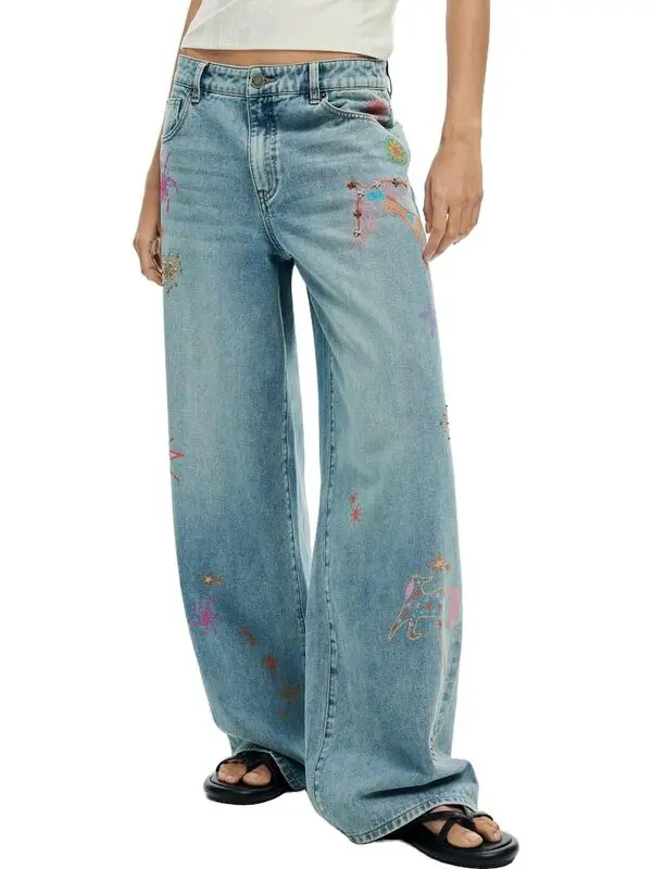 Desigual Embellished Wide Leg Jeans - Light Blue