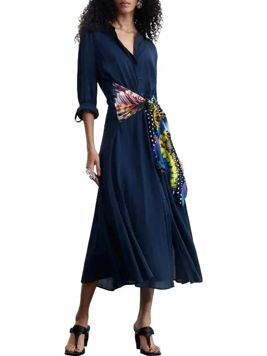 Desigual Long Sleeve Shirtdress With Contrasting Tie Sash - Blue