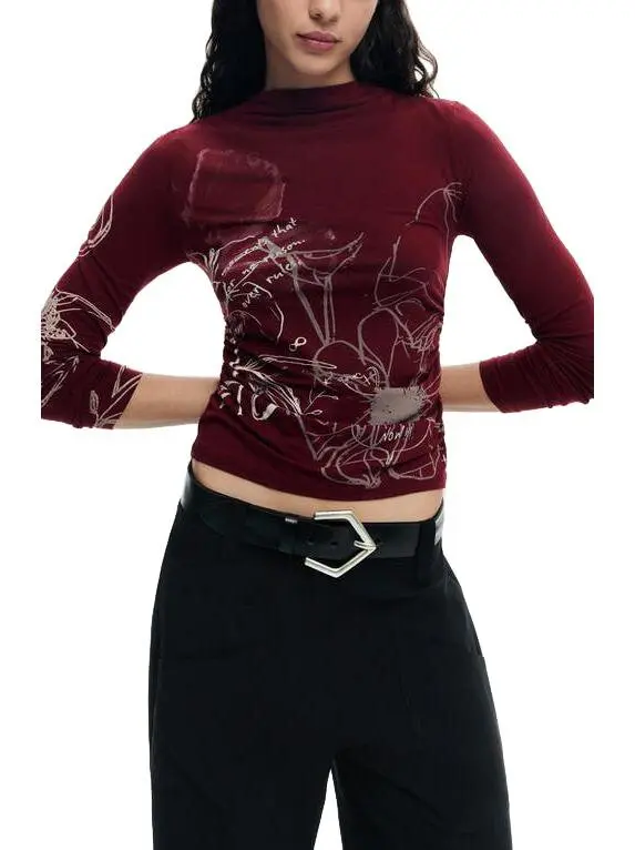 Desigual Long Sleeve Graphic T-shirt With Asymmetrical Ruching - Pink