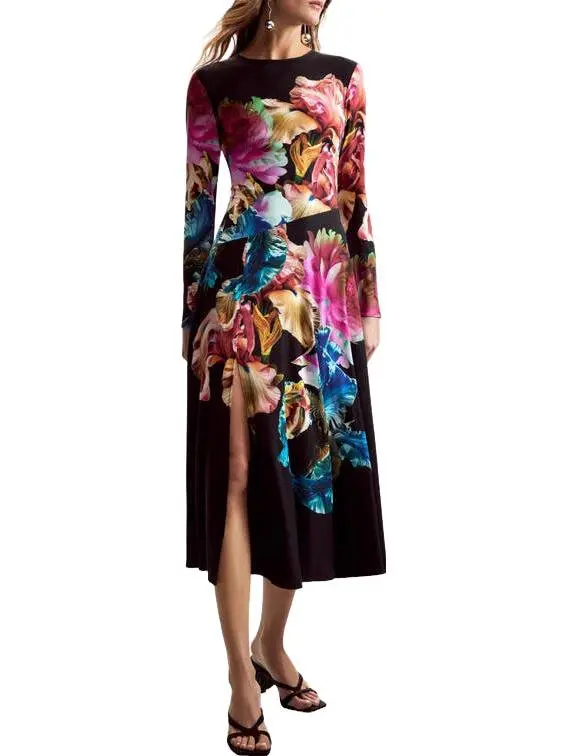 Desigual Floral Print Long Sleeve Midi Dress With Slit - Black