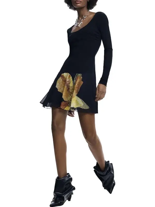 Desigual Floral Motif Long Sleeve Minidress - Black