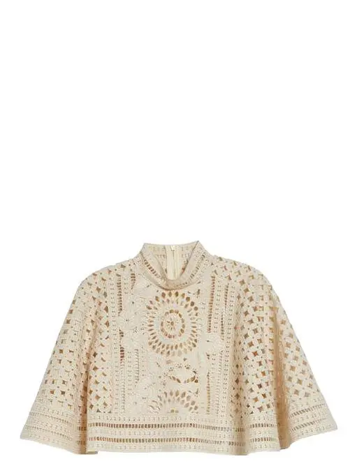 Zimmermann Indra Crop Embroidered Cotton Eyelet Cape - Tea