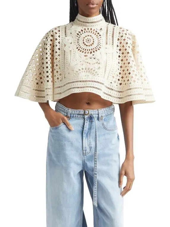 Zimmermann Indra Crop Embroidered Cotton Eyelet Cape - Tea