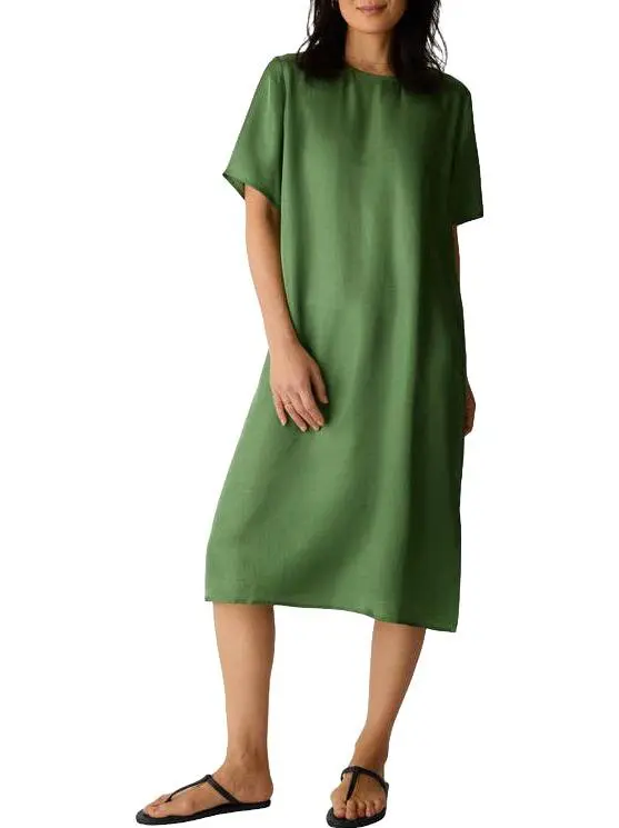 Eileen Fisher Short Sleeve Satin Midi Dress With Side Slits - Field