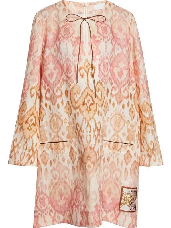 Zimmermann Aster Print Long Sleeve Linen Shift Dress - Pink Ikat