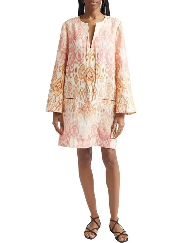 Zimmermann Aster Print Long Sleeve Linen Shift Dress - Pink Ikat