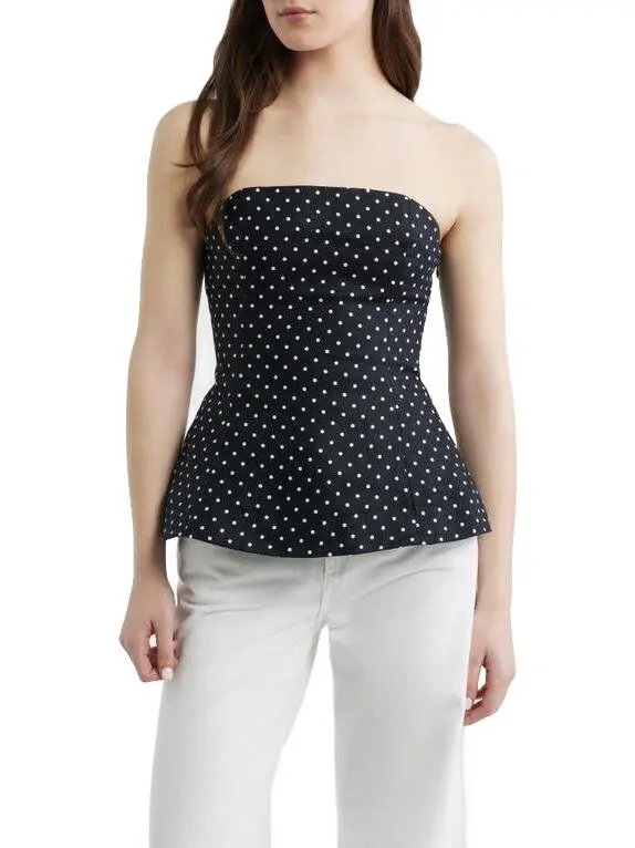 Faithfull The Brand Petro Polka Dot Strapless Linen Peplum Top - Lola Polka Dot-black/cream