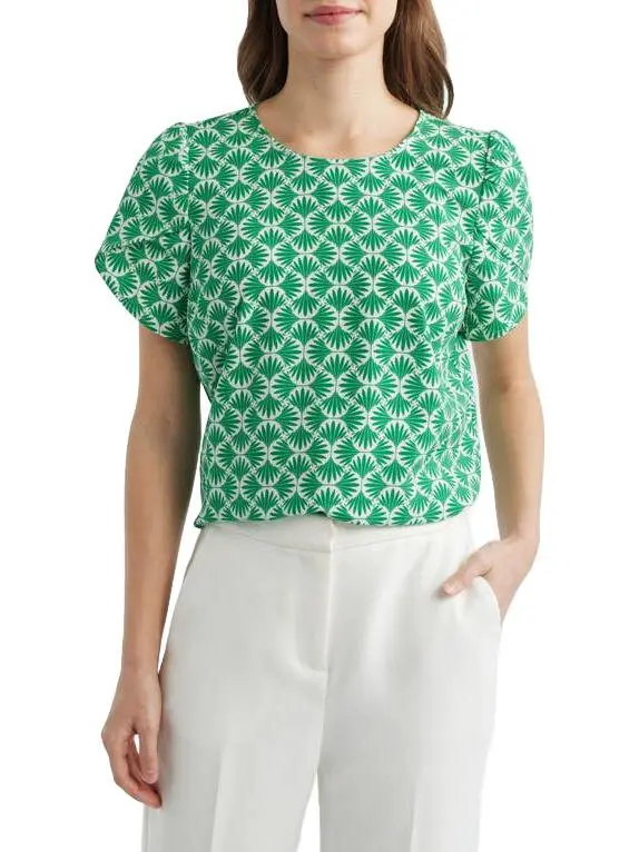 Anne Klein Geometric Print Tulip Sleeve Top - Tropical Green/white Dove
