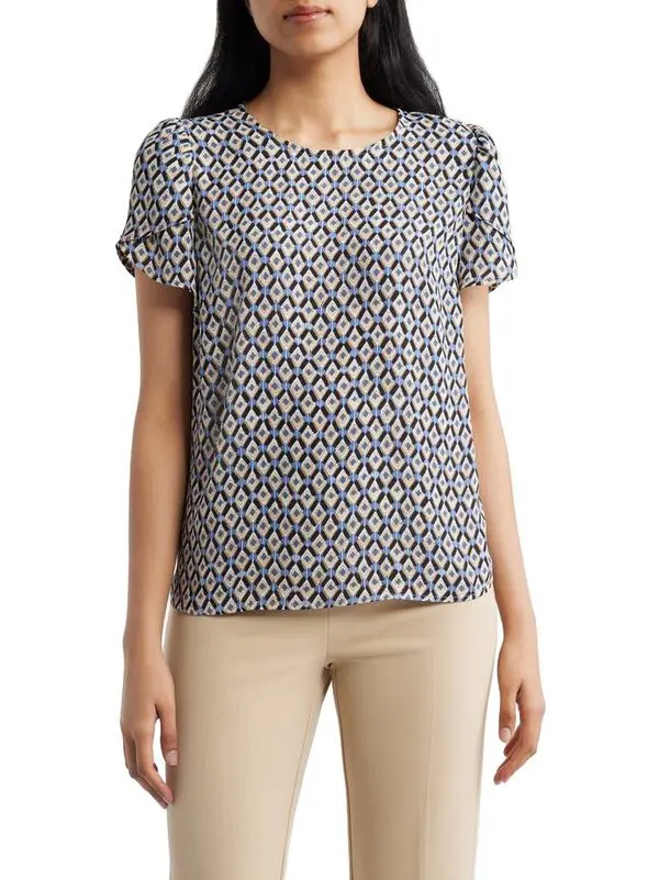 Anne Klein Geometric Print Tulip Sleeve Top - Blue Jay Multi