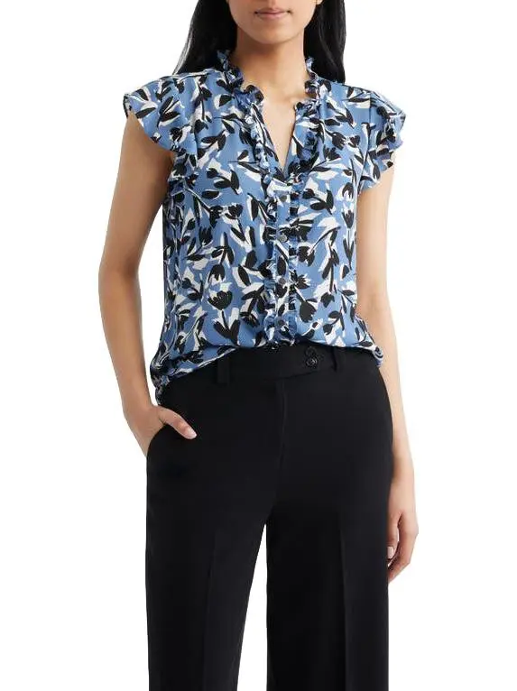 Anne Klein Abstract Floral Print V-neck Button-up Knit Top - Blue Jay Multi