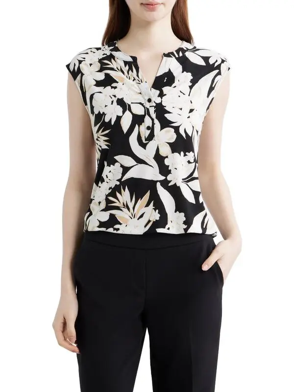 Anne Klein Tropical Floral Print Dolman Sleeve Top - Anne Black Multi