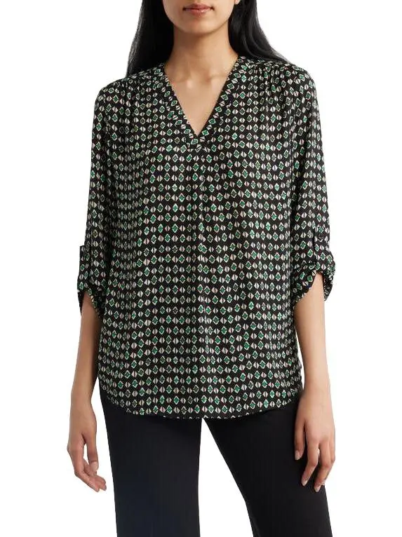 Anne Klein Geometric Print V-neck Top With Roll-tab Cuffs - Anne Black Multi