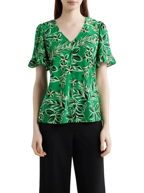 Anne Klein Tropical Floral V-neck Knit Top - Tropical Green Multi