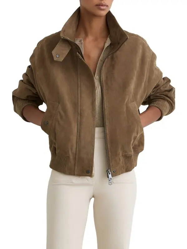 REISS Cara Suede Jacket - Khaki Green