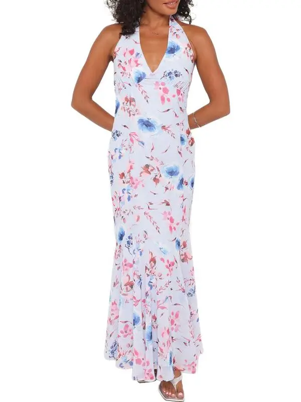 PETAL & PUP Floral Halterneck Mermaid Silhouette Maxi Dress - Blue Floral