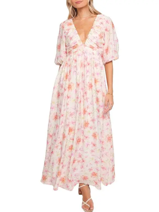 PETAL & PUP Andara Floral Plunge Neck Maxi Dress - White Floral