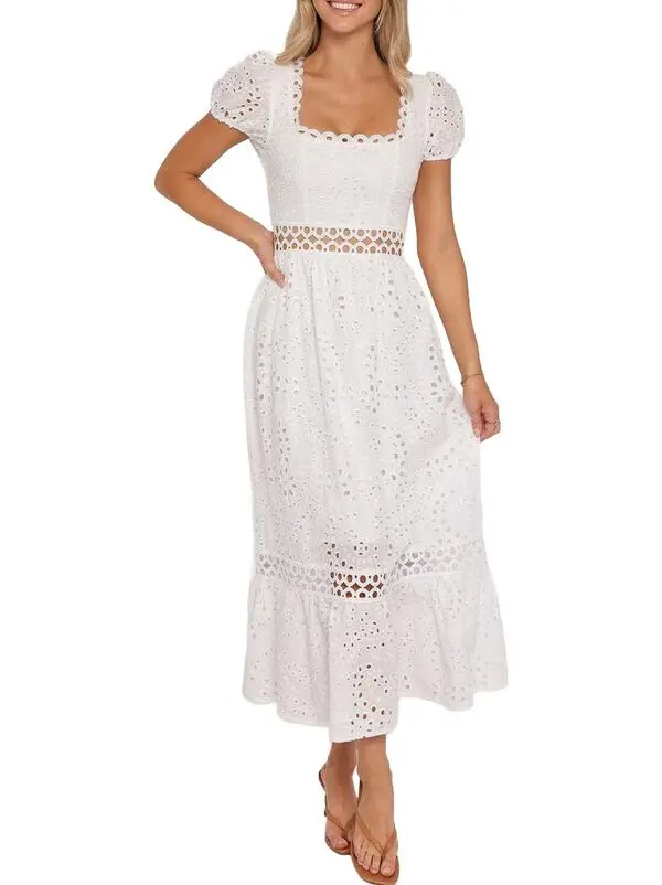 PETAL & PUP Melania Cotton Eyelet Maxi Dress With Square Neck And Short Sleeves - White