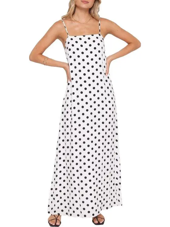 PETAL & PUP Polka Dot Maxi Dress With Square Neck And Adjustable Straps - White Polka Dot