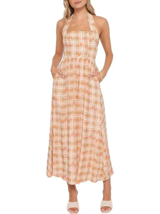 PETAL & PUP Floral Check Halter Neck Maxi Dress - Yellow Floral Gingham
