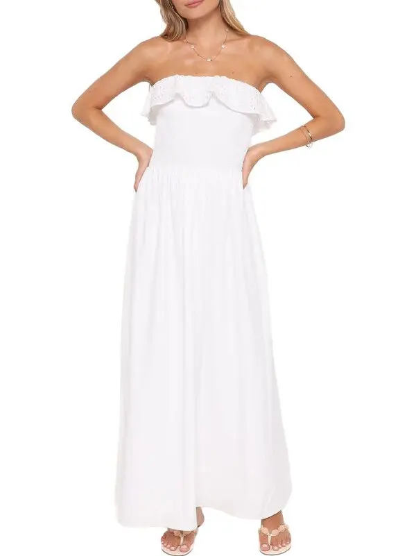 PETAL & PUP Eyelet Ruffle Strapless Maxi Dress - White