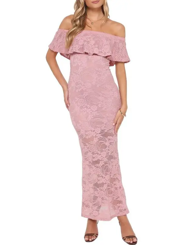 PETAL & PUP Off-the-shoulder Lace Maxi Dress - Pink