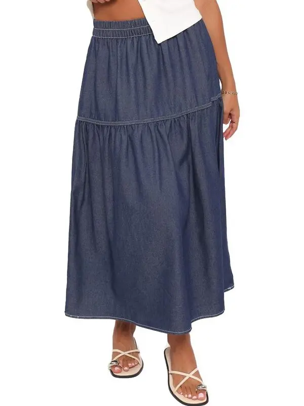 PETAL & PUP Tiered Denim Midi Skirt - Dark Wash