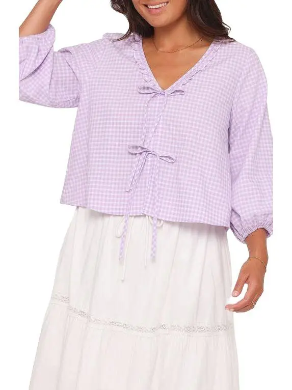 PETAL & PUP Gingham Cotton Blend Blouse With Ruffle Trim And Bow Detail - Lilac Gingham