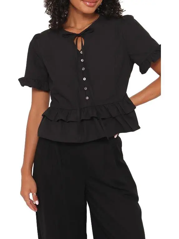 PETAL & PUP Sorcha Button-up Peplum Top With Ruffle Trim - Black